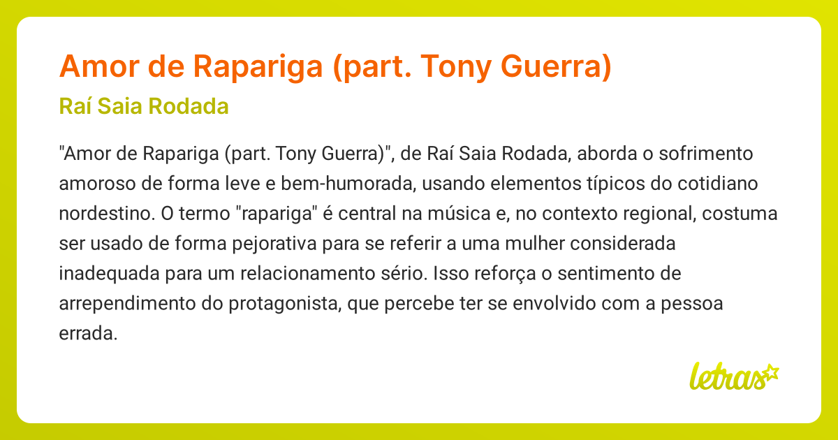 Significado da música Amor de Rapariga (part. Tony Guerra) (Raí Saia ...