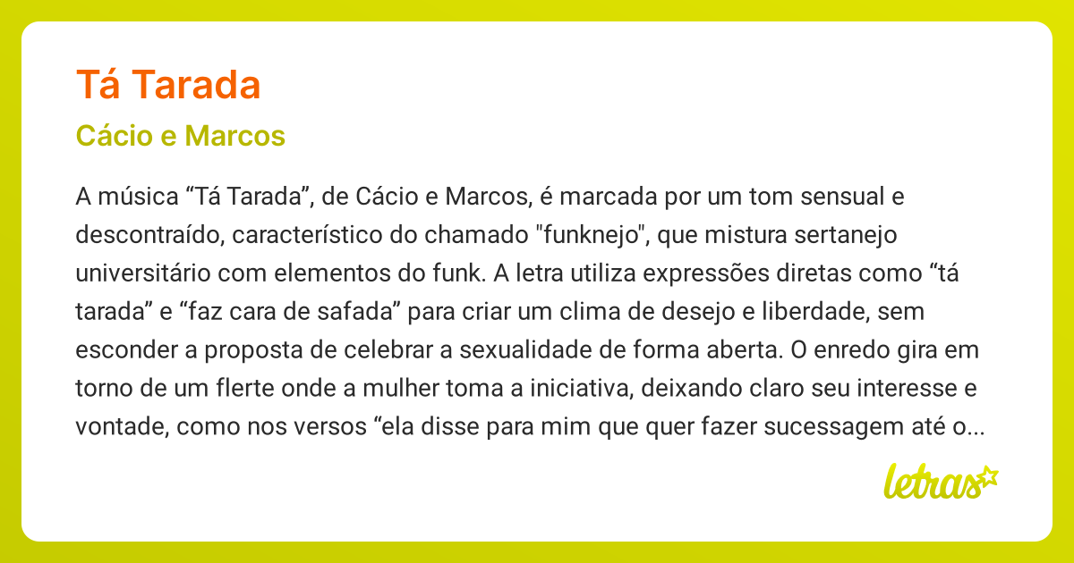 Significado da música TÁ TARADA (Cácio e Marcos) - LETRAS.MUS.BR