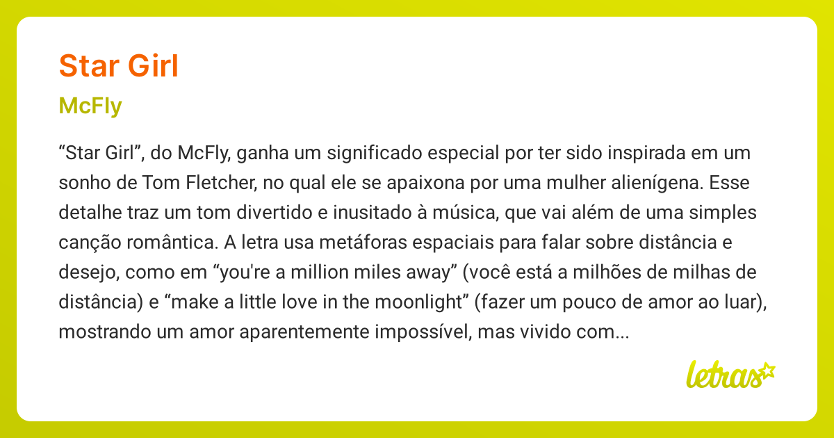 Significado da música STAR GIRL (McFly) - LETRAS.MUS.BR