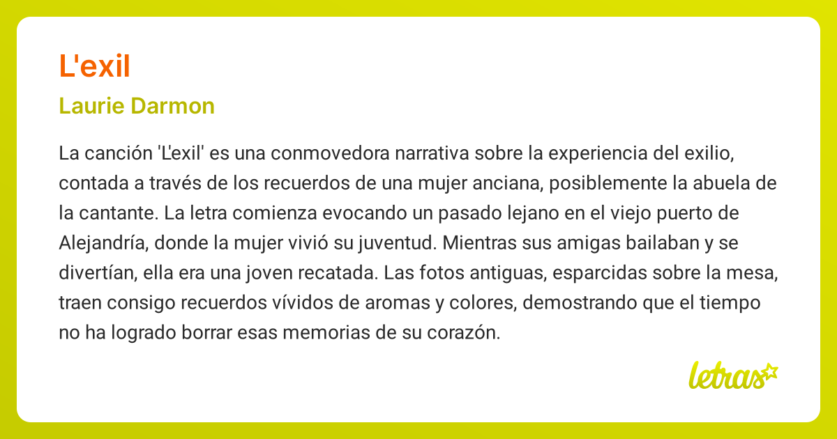 Significado de la canción L'EXIL (Laurie Darmon) - LETRAS.COM