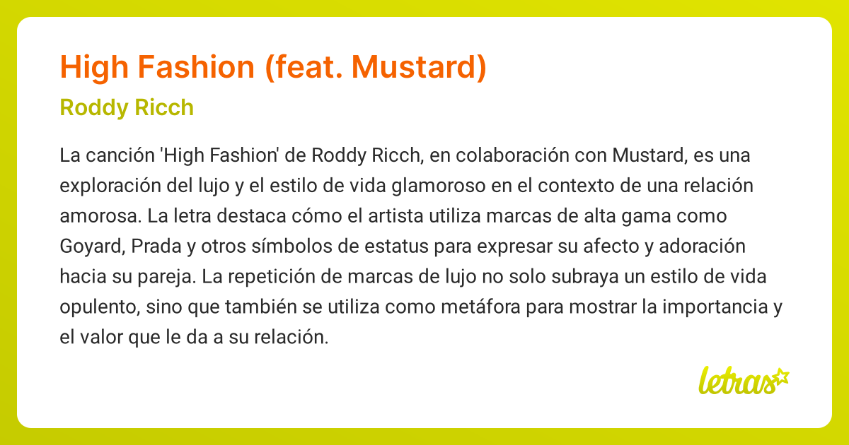 Significado de la canción HIGH FASHION (FEAT. MUSTARD) (Roddy Ricch ...