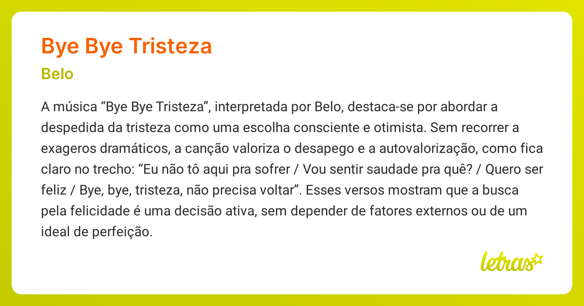 Significado da música BYE BYE TRISTEZA (Belo) - LETRAS.MUS.BR