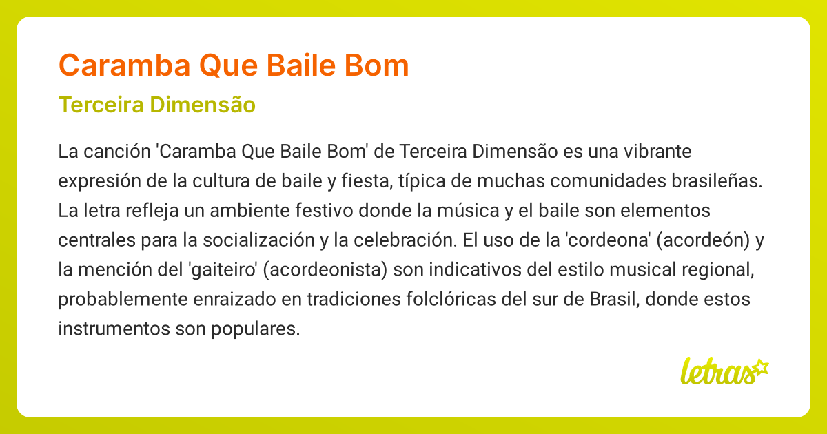 Significado de la canción CARAMBA QUE BAILE BOM (Terceira Dimensão ...