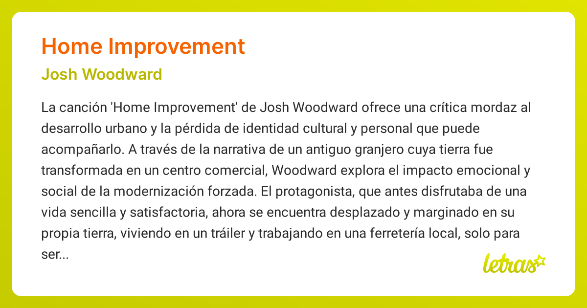 Significado de la canción HOME IMPROVEMENT (Josh Woodward) - LETRAS.COM