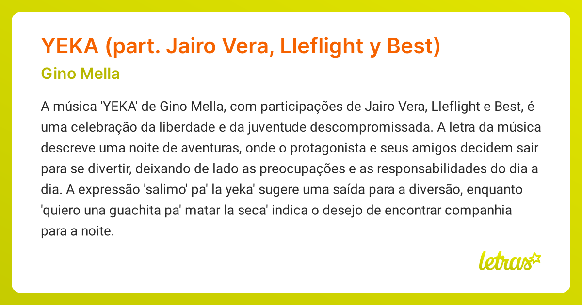 Significado da música YEKA (part. Jairo Vera, Lleflight y Best) (Gino ...