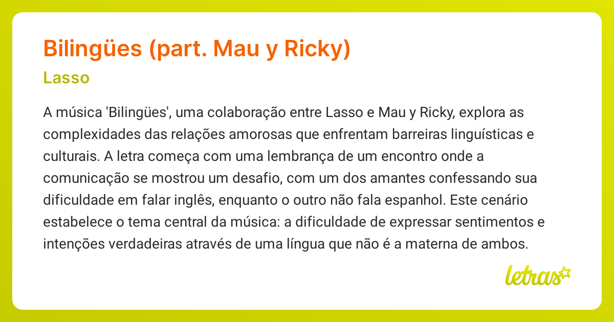 Significado da música BILINGÜES (PART. MAU Y RICKY) (Lasso) - LETRAS.MUS.BR