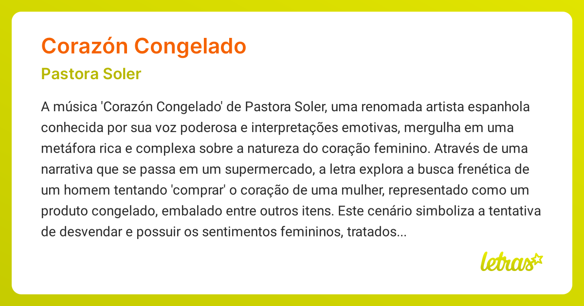 Significado da música CORAZÓN CONGELADO (Pastora Soler) - LETRAS.MUS.BR