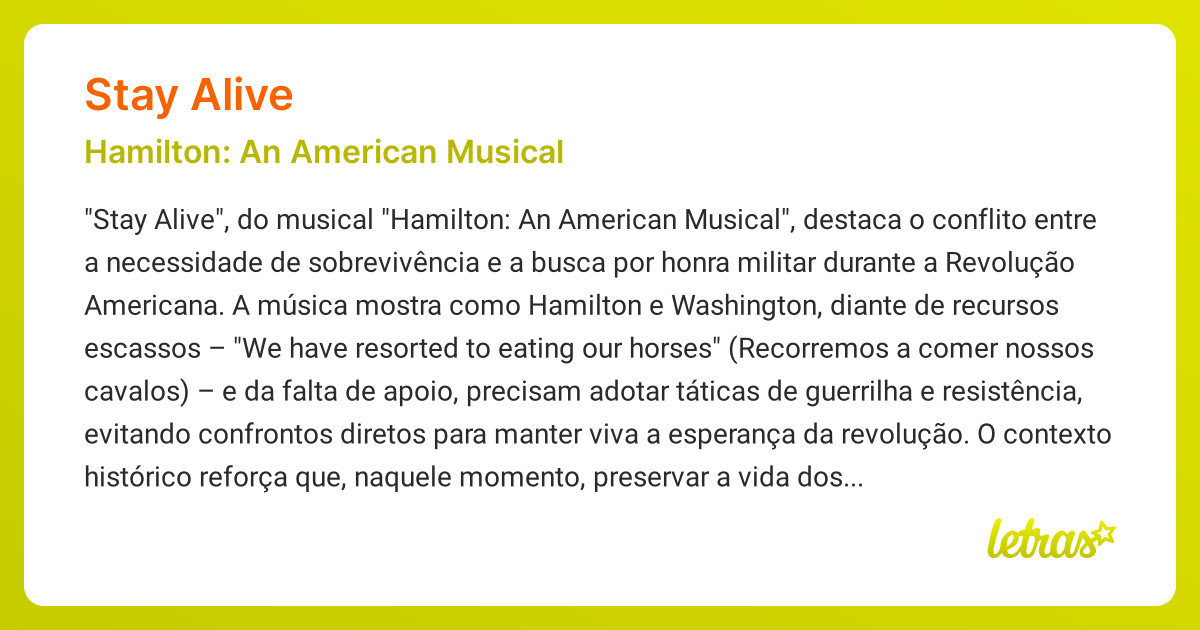 Significado da música STAY ALIVE (Hamilton: An American Musical ...