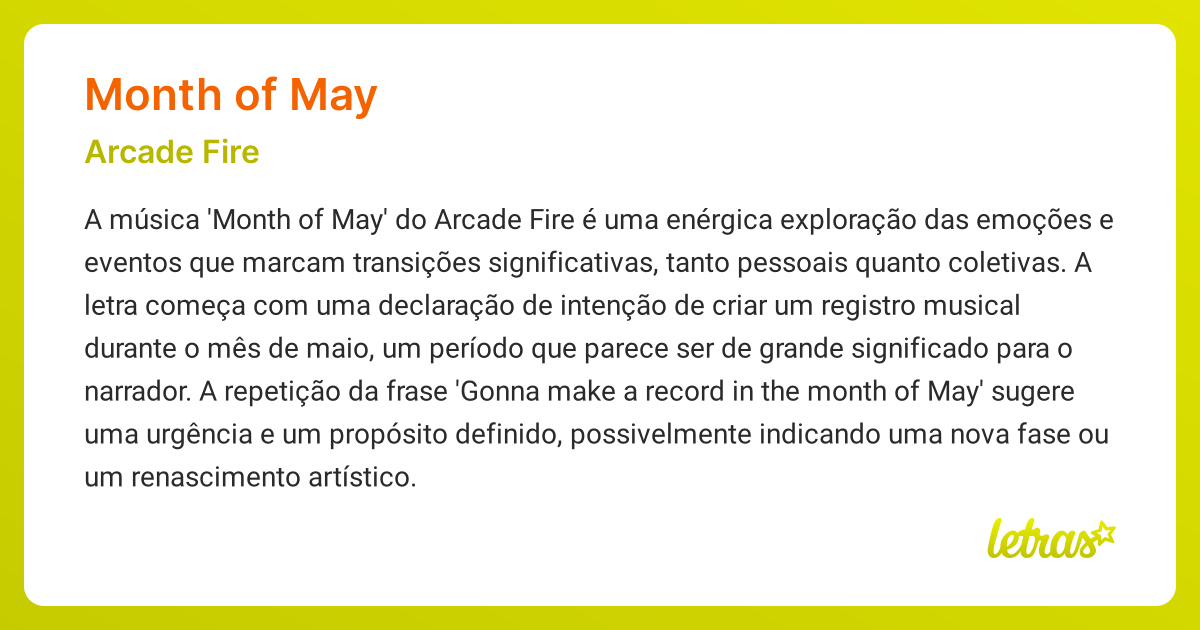 Significado da música MONTH OF MAY (Arcade Fire) - LETRAS.MUS.BR