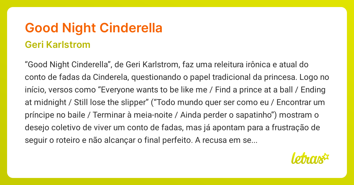 Significado da música GOOD NIGHT CINDERELLA (Geri Karlstrom) - LETRAS ...