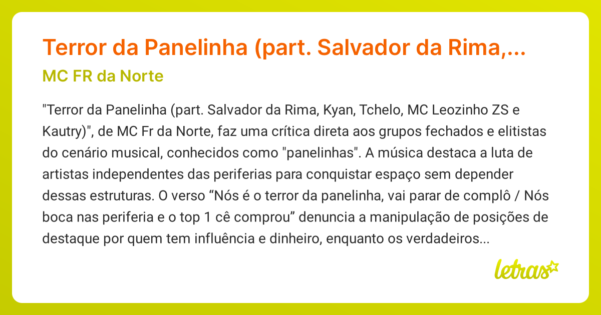 Significado da música Terror da Panelinha (part. Salvador da Rima, Kyan ...