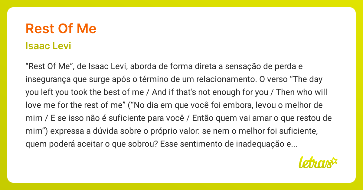 Significado da música REST OF ME (Isaac Levi) - LETRAS.MUS.BR