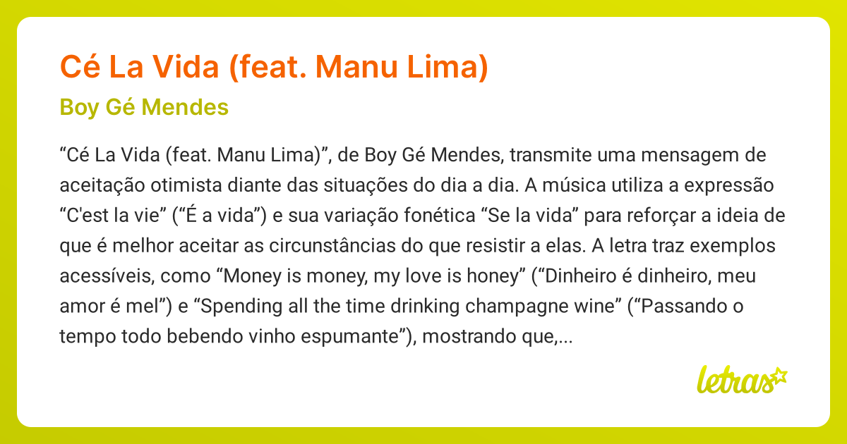 Significado da música CÉ LA VIDA (FEAT. MANU LIMA) (Boy Gé Mendes ...