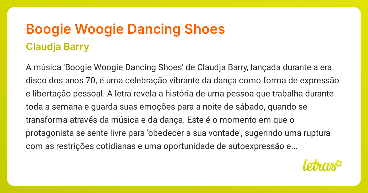 Significado da música BOOGIE WOOGIE DANCING SHOES (Claudja Barry ...