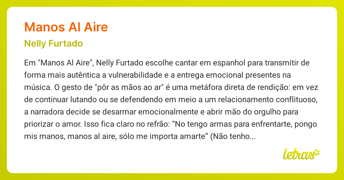 Significado da música MANOS AL AIRE (Nelly Furtado) - LETRAS.MUS.BR