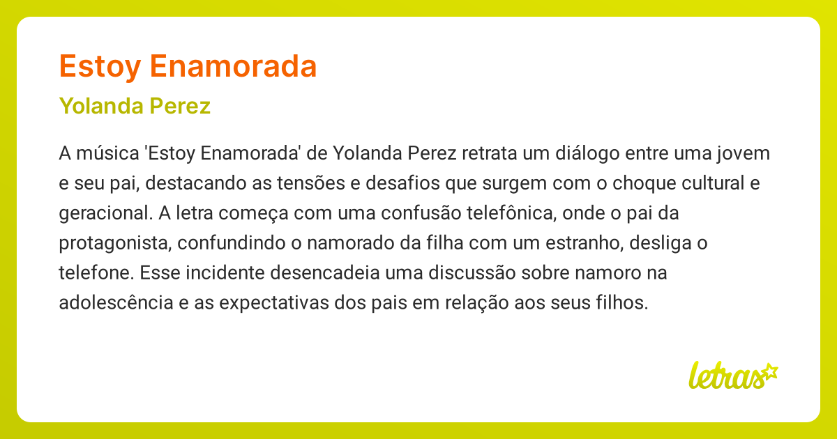 Significado da música ESTOY ENAMORADA (Yolanda Perez) - LETRAS.MUS.BR