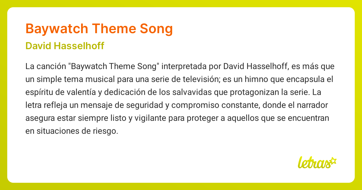 Significado de la canción BAYWATCH THEME SONG (David Hasselhoff ...