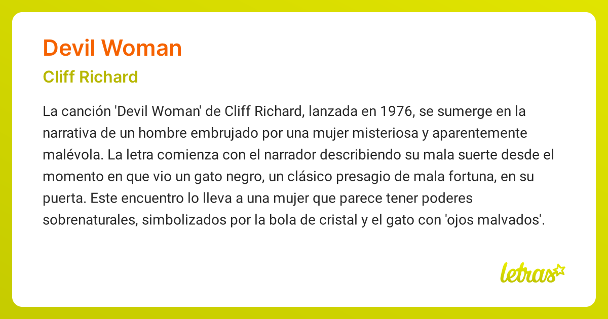 Significado de la canción DEVIL WOMAN (Cliff Richard) - LETRAS.COM