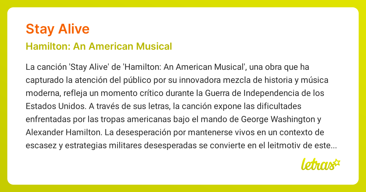 Significado de la canción STAY ALIVE (Hamilton: An American Musical ...