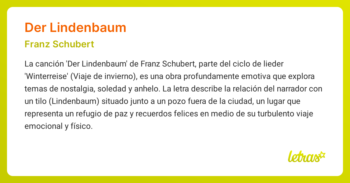Significado de la canción DER LINDENBAUM (Franz Schubert) - LETRAS.COM