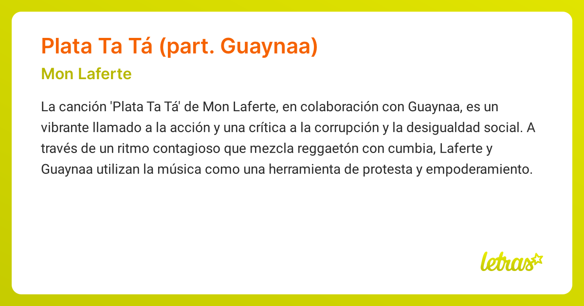 Significado de la canción PLATA TA TÁ (PART. GUAYNAA) (Mon Laferte ...