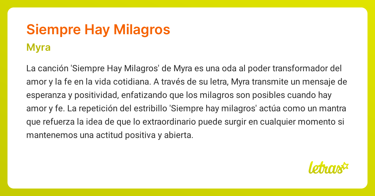 Significado de la canción SIEMPRE HAY MILAGROS (Myra) - LETRAS.COM