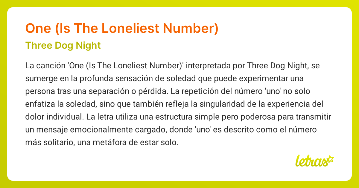Significado de la canción ONE (IS THE LONELIEST NUMBER) (Three Dog ...