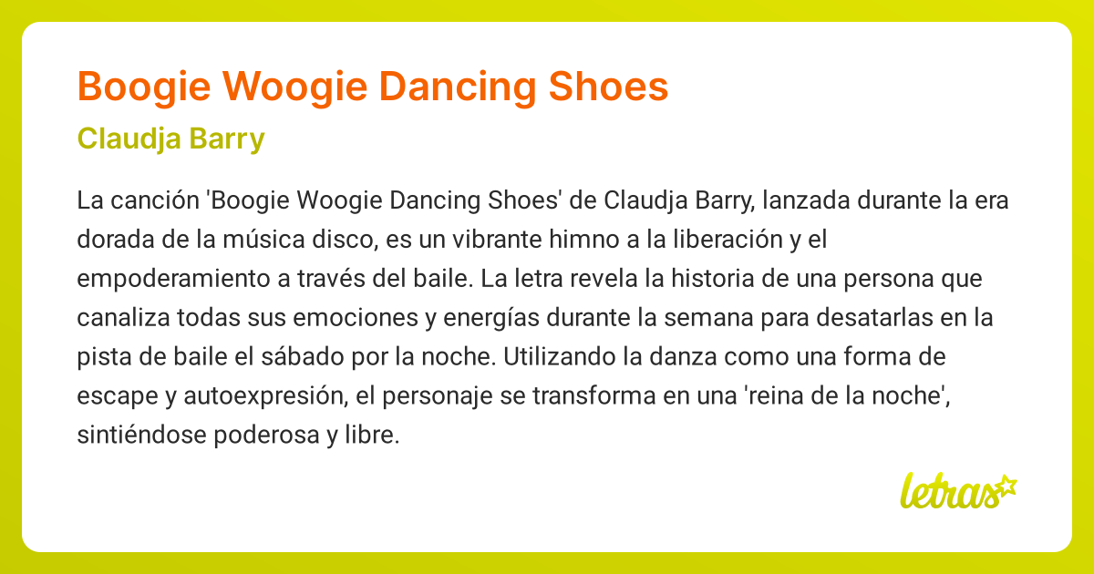 Significado de la canción BOOGIE WOOGIE DANCING SHOES (Claudja Barry ...