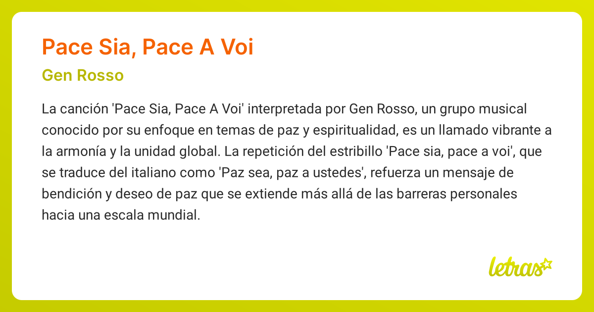 Significado de la canción PACE SIA, PACE A VOI (Gen Rosso) - LETRAS.COM
