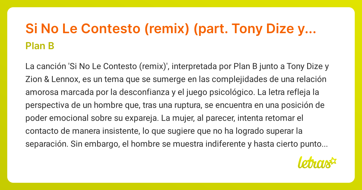 Significado de la canción Si No Le Contesto (remix) (part. Tony Dize y ...