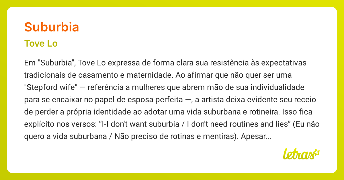 Significado da música SUBURBIA (Tove Lo) - LETRAS.MUS.BR