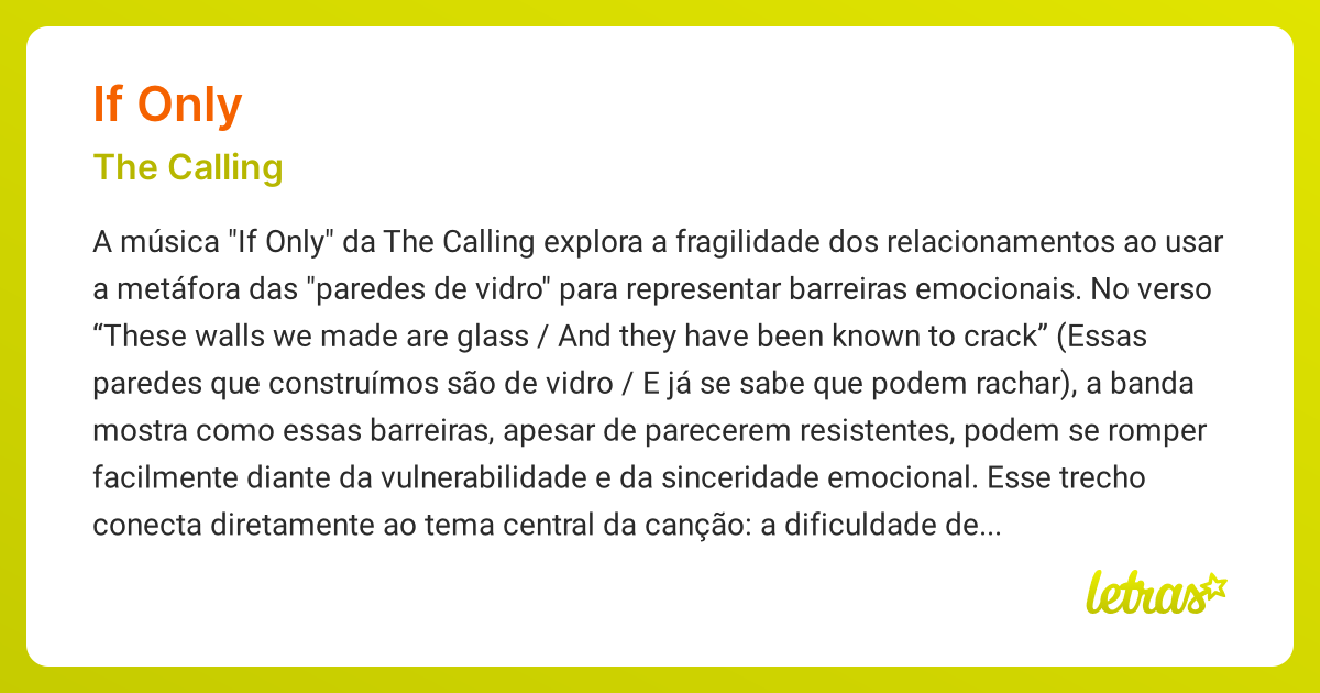 Significado da música IF ONLY (The Calling) - LETRAS.MUS.BR
