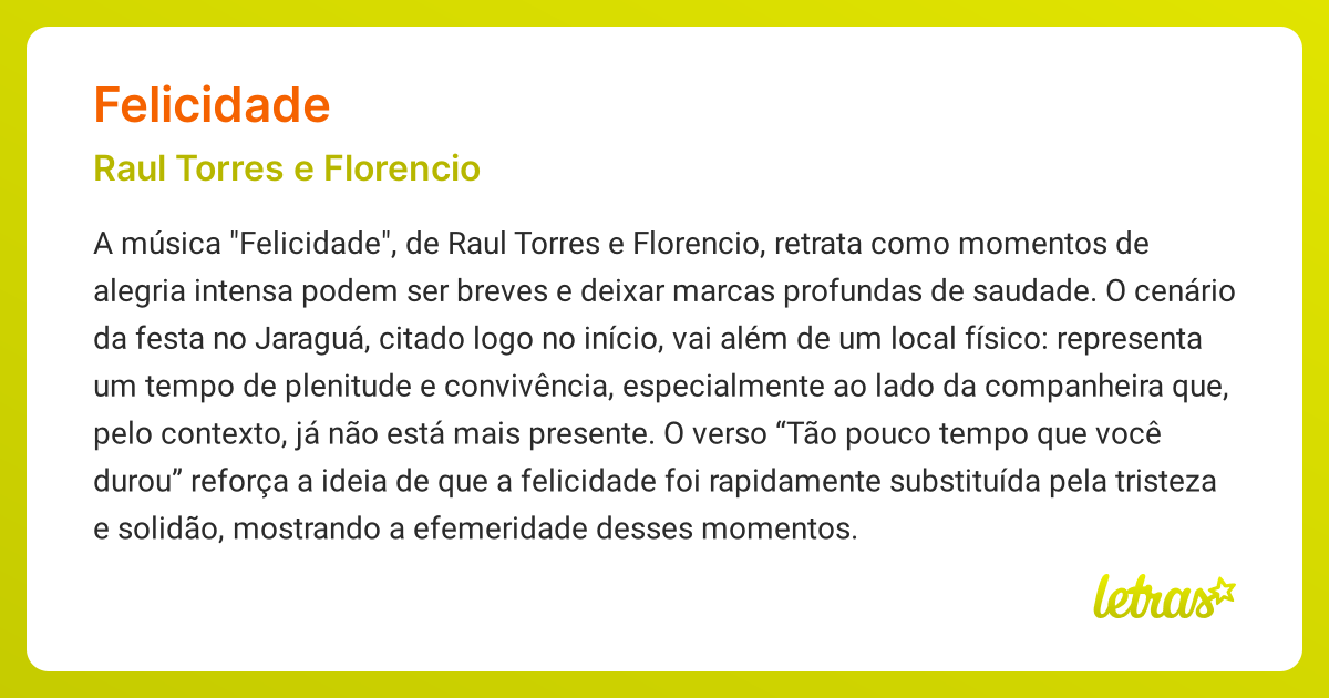 Significado da música FELICIDADE (Raul Torres e Florencio) - LETRAS.MUS.BR