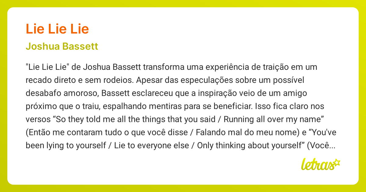Significado da música LIE LIE LIE (Joshua Bassett) - LETRAS.MUS.BR