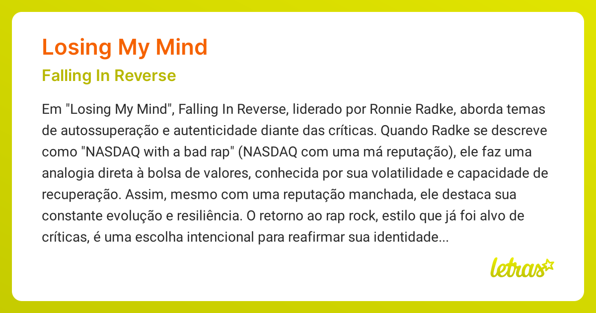 Significado da música LOSING MY MIND (Falling In Reverse) - LETRAS.MUS.BR