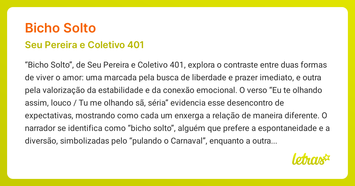 Significado da música BICHO SOLTO (Seu Pereira e Coletivo 401) - LETRAS ...