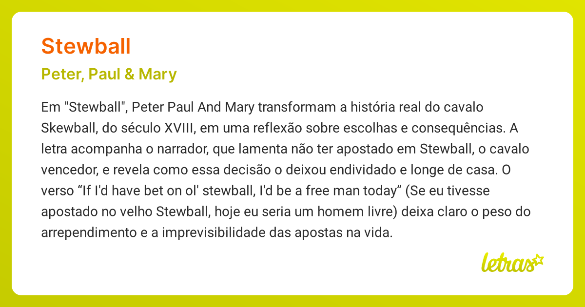 Significado da música STEWBALL (Peter Paul And Mary) - LETRAS.MUS.BR