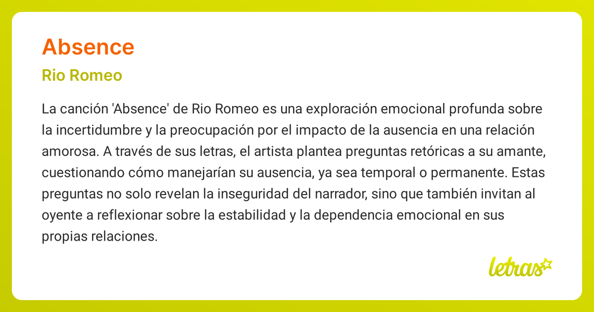 Significado de la canción ABSENCE (Rio Romeo) - LETRAS.COM