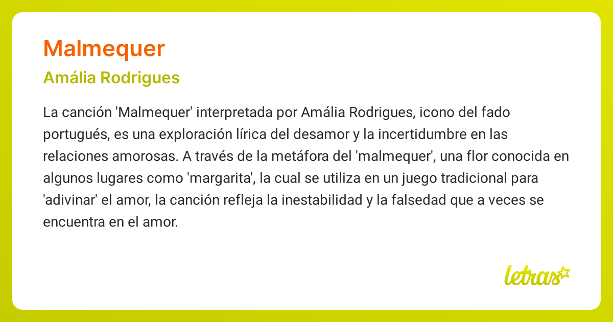 Significado de la canción MALMEQUER (Amália Rodrigues) - LETRAS.COM
