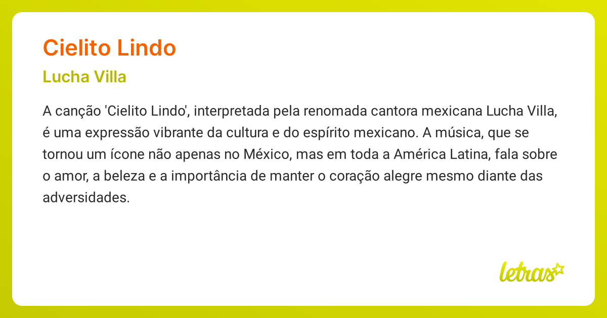Significado da música CIELITO LINDO (Lucha Villa) - LETRAS.MUS.BR