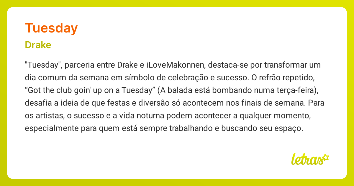 Significado da música TUESDAY (Drake) - LETRAS.MUS.BR