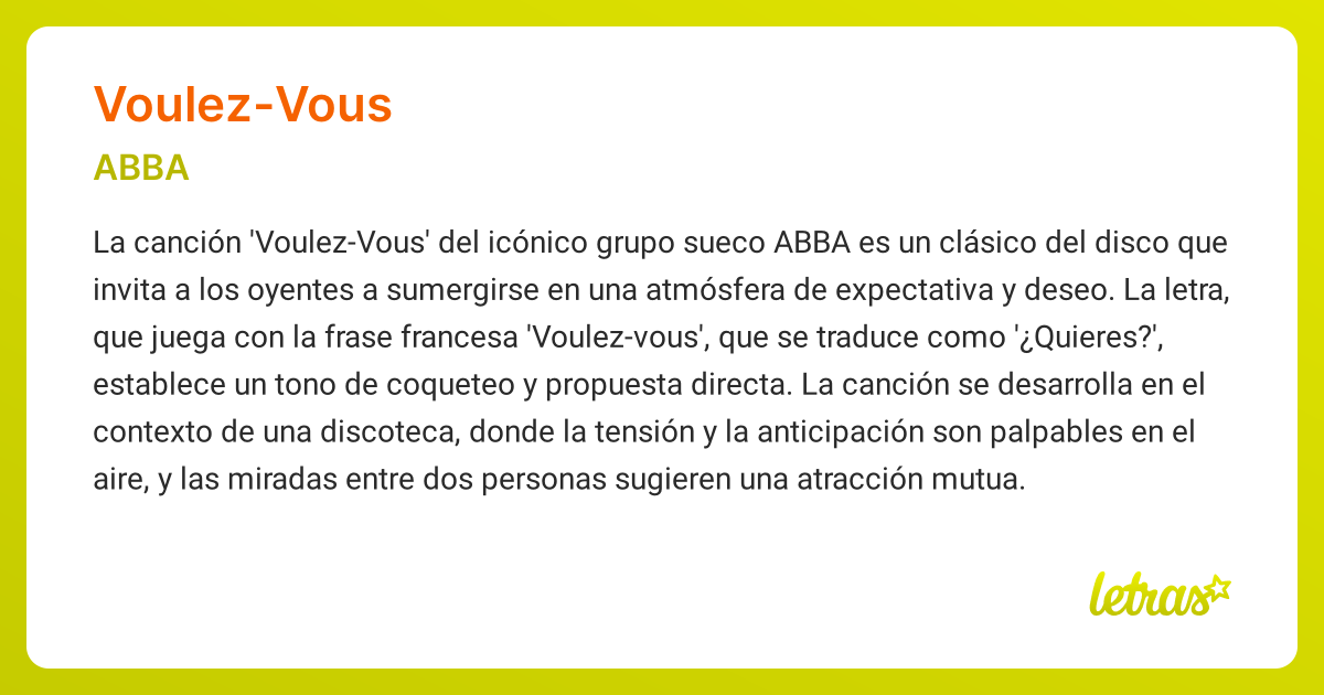 Significado de la canción VOULEZ-VOUS (ABBA) - LETRAS.COM
