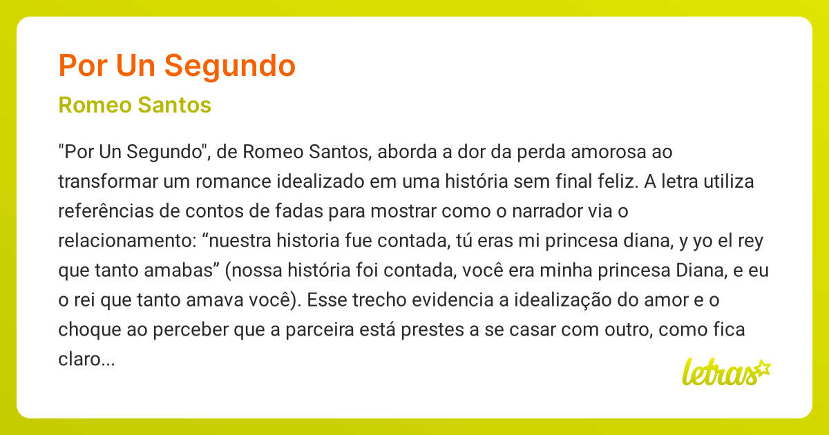Significado da música POR UN SEGUNDO (Romeo Santos) - LETRAS.MUS.BR