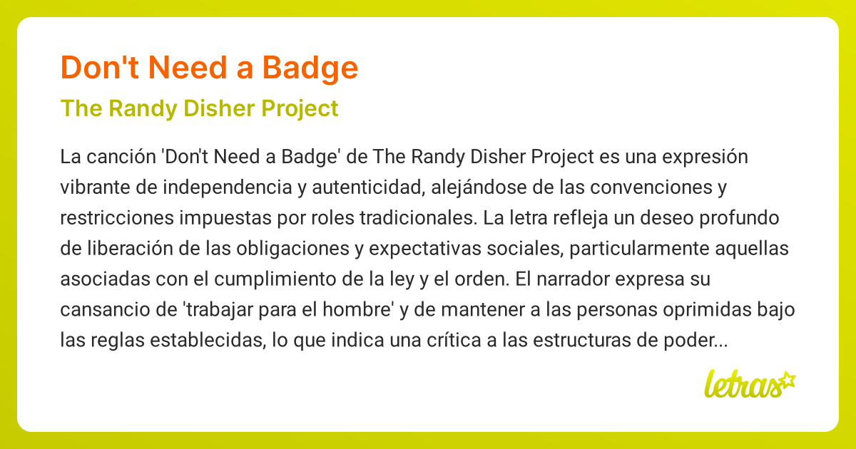 Significado de la canción DON'T NEED A BADGE (The Randy Disher Project ...