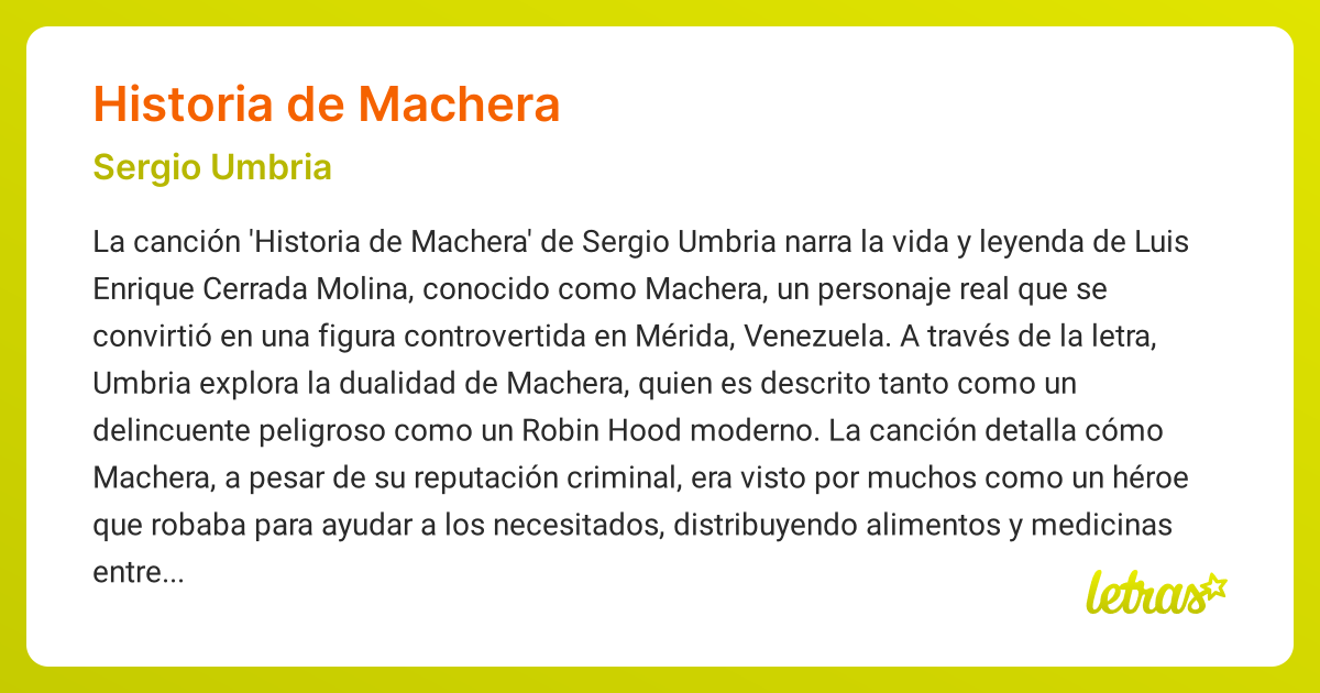Significado de la canción HISTORIA DE MACHERA (Sergio Umbria) - LETRAS.COM