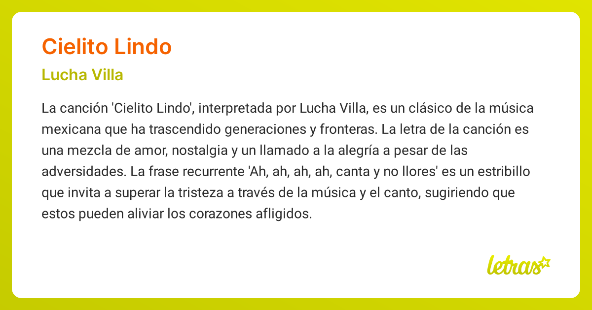 Significado de la canción CIELITO LINDO (Lucha Villa) - LETRAS.COM