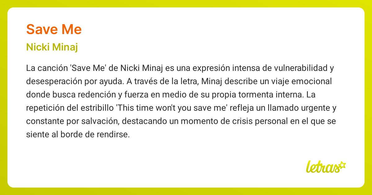 Significado de la canción SAVE ME (Nicki Minaj) - LETRAS.COM