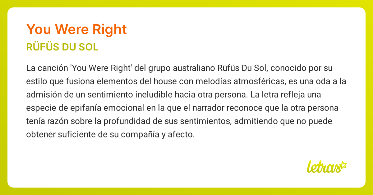 Significado de la canción YOU WERE RIGHT (RÜFÜS DU SOL) - LETRAS.COM