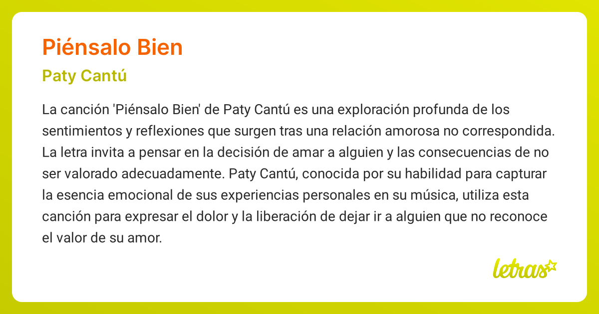 Significado de la canción PIÉNSALO BIEN (Paty Cantú) - LETRAS.COM