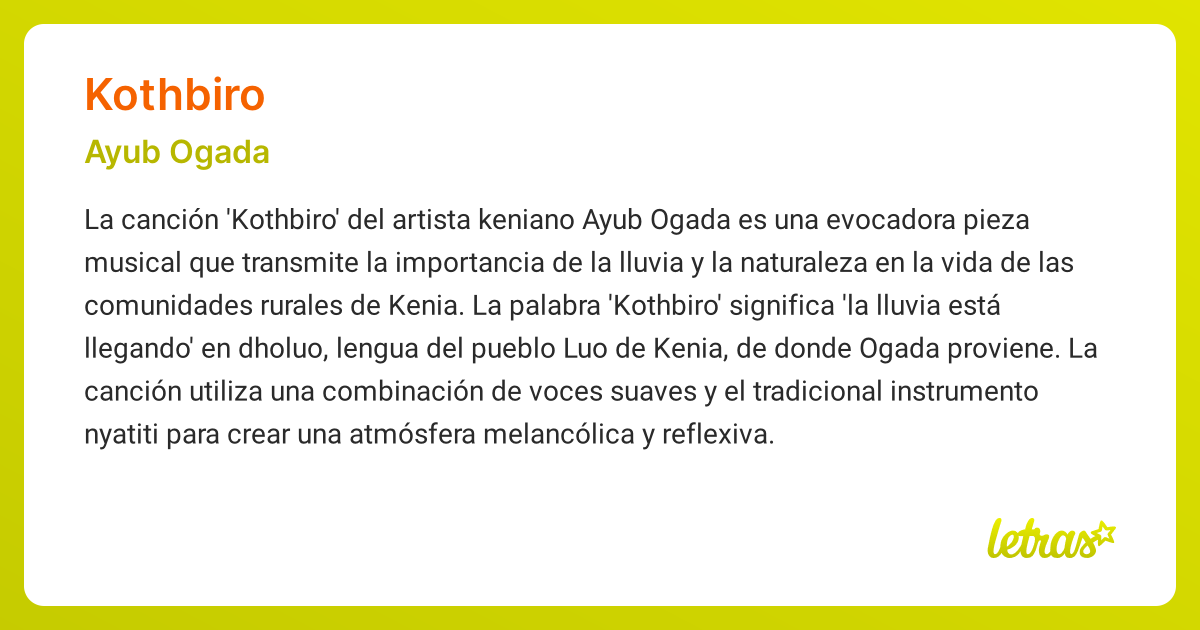 Significado de la canción KOTHBIRO (Ayub Ogada) - LETRAS.COM